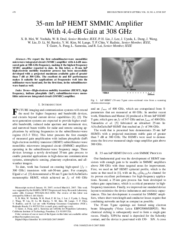 (PDF) 35-nm InP HEMT SMMIC Amplifier With 4.4dB Gain at 308 GHz