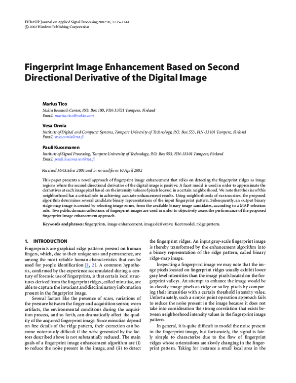 (PDF) Fingerprint Image Enhancement Based on Second Directional Derivative of the Digital Image