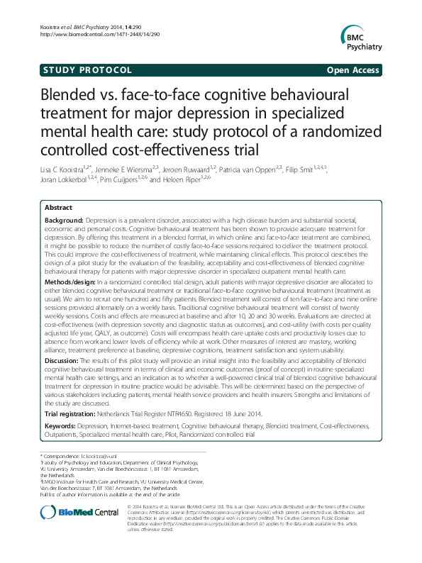 (PDF) Blended vs. face-to-face cognitive behavioural treatment for major depression in ...
