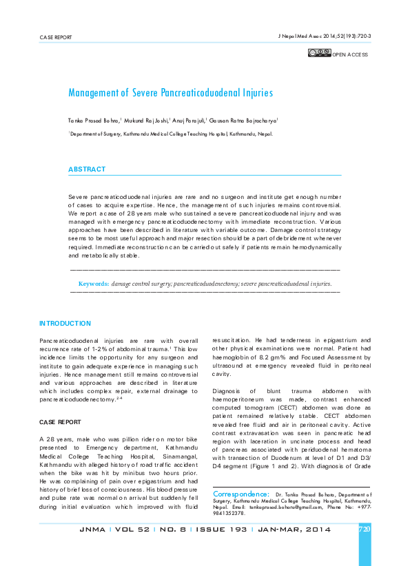 (PDF) Management of Severe Pancreaticoduodenal Injuries