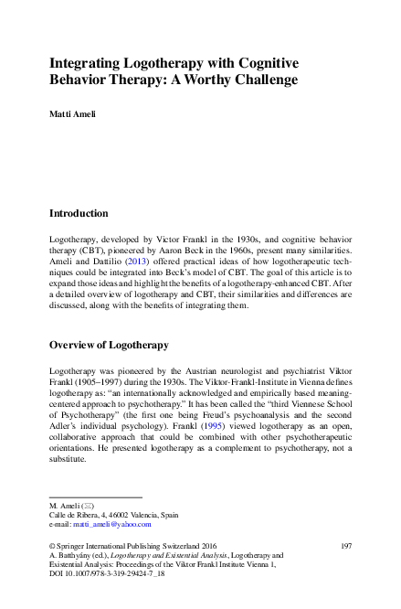 (PDF) Integrating Logotherapy with Cognitive Behavior Therapy: A Worthy ...