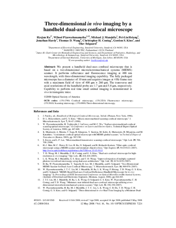 (PDF) Three-dimensional in vivo imaging by a handheld dual-axes confocal microscope
