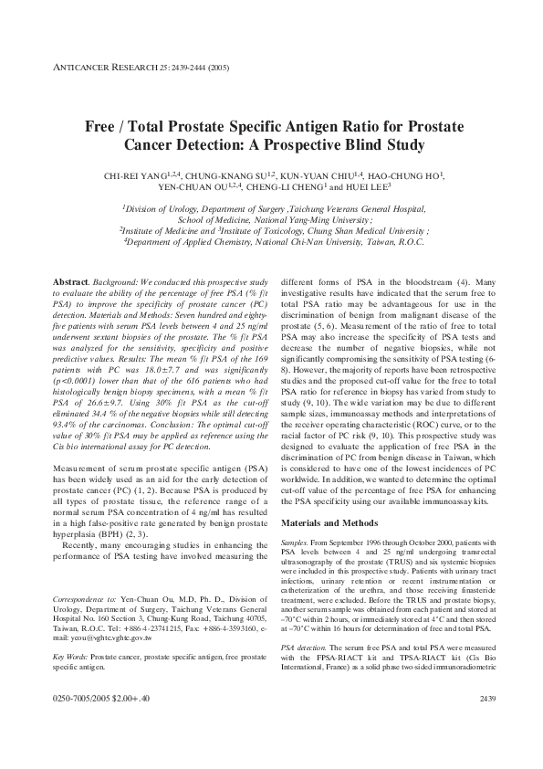 Pdf Free Total Prostate Specific Antigen Ratio For Prostate Cancer