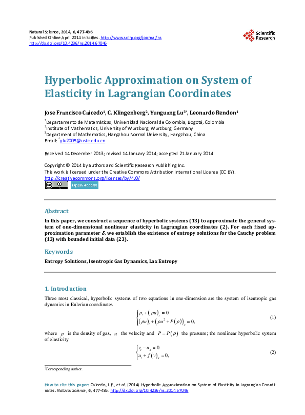 Pdf Hyperbolic Approximation On System Of Elasticity In Lagrangian Coordinates