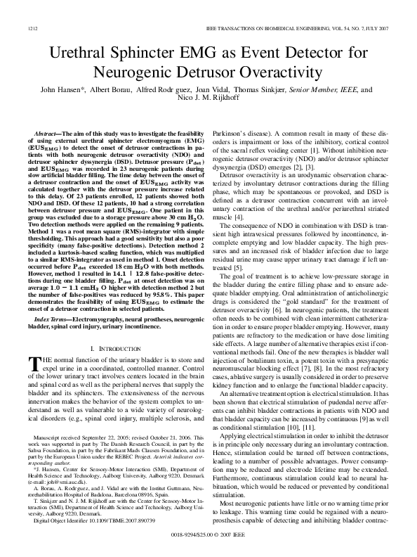 (PDF) Urethral Sphincter EMG as Event Detector for Neurogenic Detrusor ...