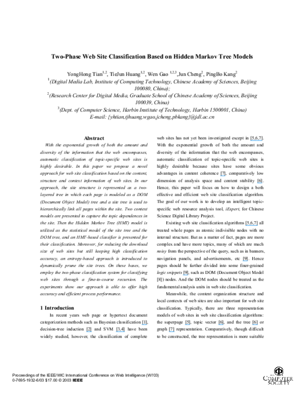 (PDF) Two-Phase Web Site Classification Based on Hidden Markov Tree Models (PDF) Two-Phase Web Site Classification Based on Hidden Markov Tree Models
