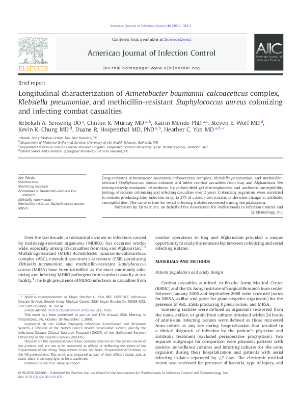 (PDF) Longitudinal characterization of Acinetobacter baumannii-calcoaceticus complex, Klebsiella ...
