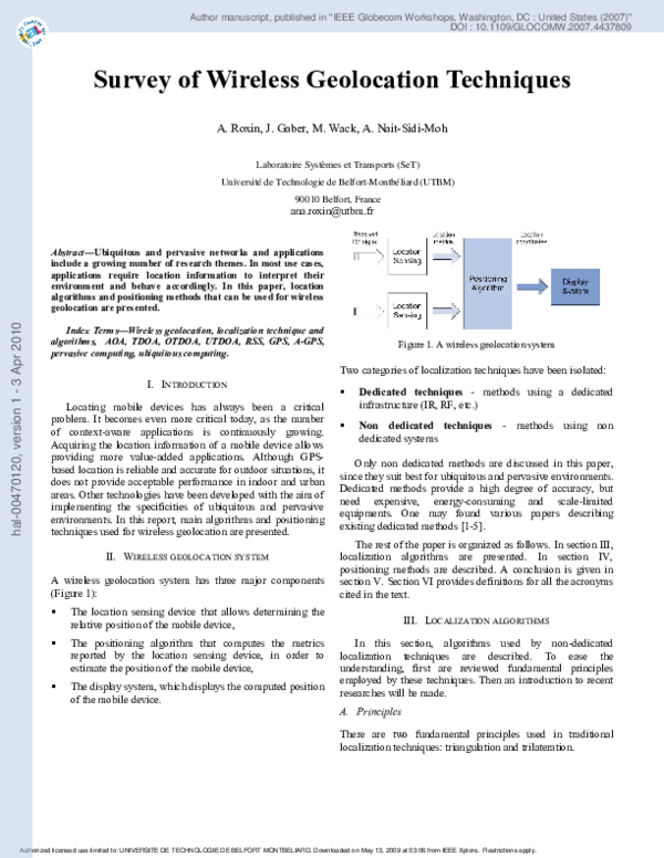 (PDF) Survey of Wireless Geolocation Techniques