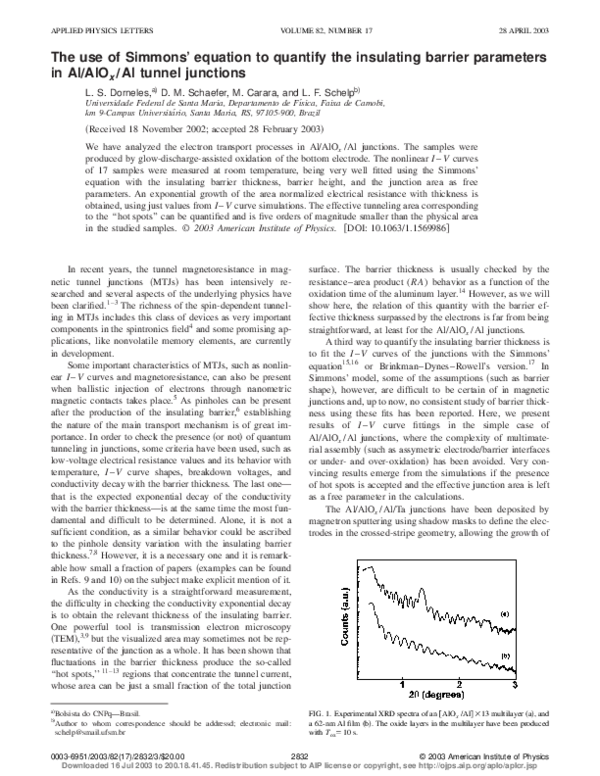 (PDF) The use of Simmons’ equation to quantify the insulating barrier ...