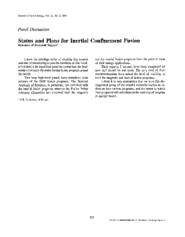 (PDF) Status and plans for inertial confinement fusion