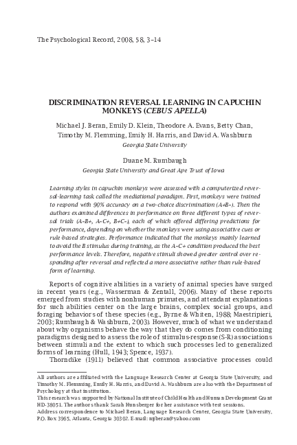 (PDF) Discrimination reversal learning in capuchin monkeys (Cebus apella)