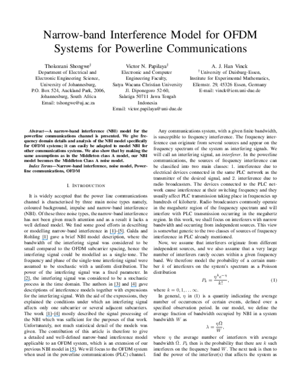 (PDF) Narrow-band interference model for OFDM systems for powerline ...