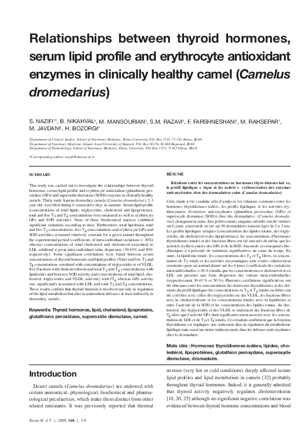 (PDF) Relationships between thyroid hormones, serum lipid profile and erythrocyte antioxidant ...