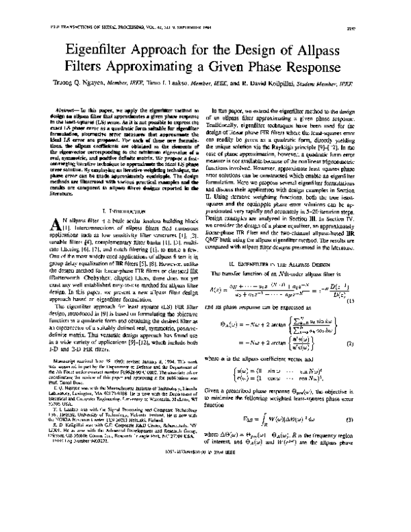 Pdf Eigenfilter Approach For The Design Of Allpass Filters Approximating A Given Phase Response
