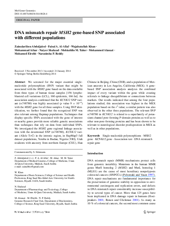 (PDF) DNA mismatch repair MSH2 gene-based SNP associated with different populations