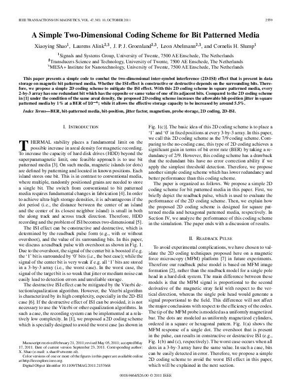 Pdf A Simple Two Dimensional Coding Scheme For Bit Patterned Media L Abelmann