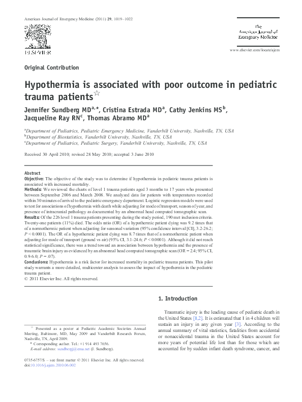 (PDF) Hypothermia is associated with poor outcome in pediatric trauma ...