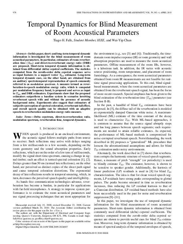 (PDF) Temporal Dynamics for Blind Measurement of Room Acoustical Parameters