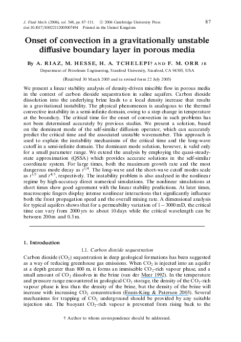 (PDF) Onset of convection in a gravitationally unstable diffusive boundary layer in porous media