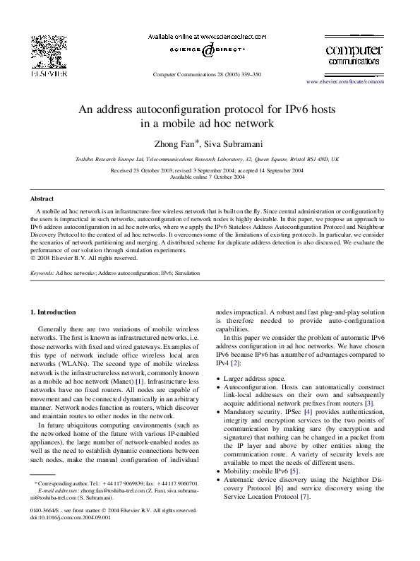 (PDF) An address autoconfiguration protocol for IPv6 hosts in a mobile ad hoc network