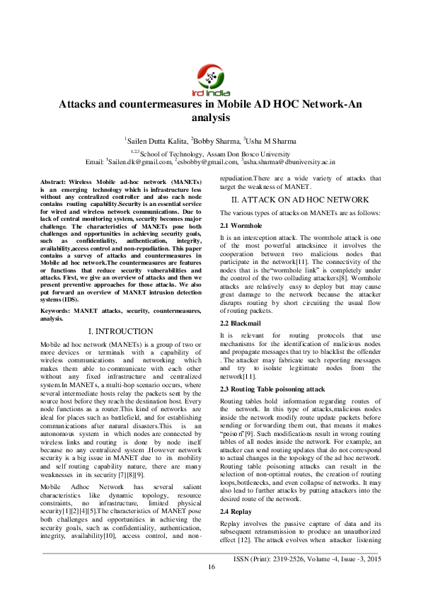 (PDF) Attacks and countermeasures in Mobile AD HOC Network-An analysis