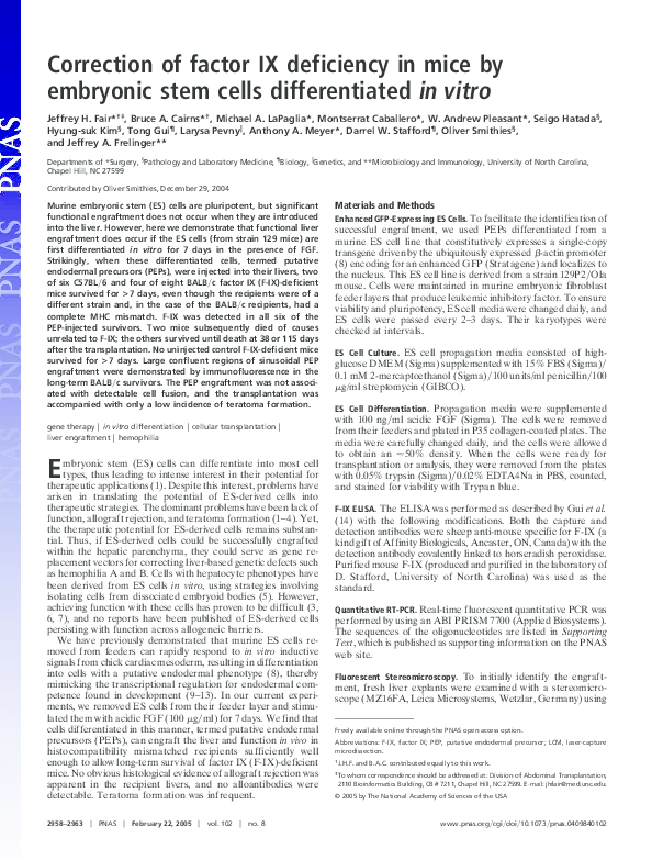 (PDF) Correction of factor IX deficiency in mice by embryonic stem ...