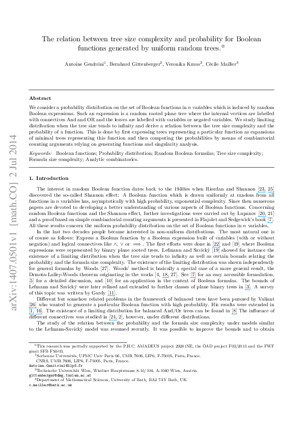 (PDF) The relation between tree size complexity and probability for Boolean functions generated ...