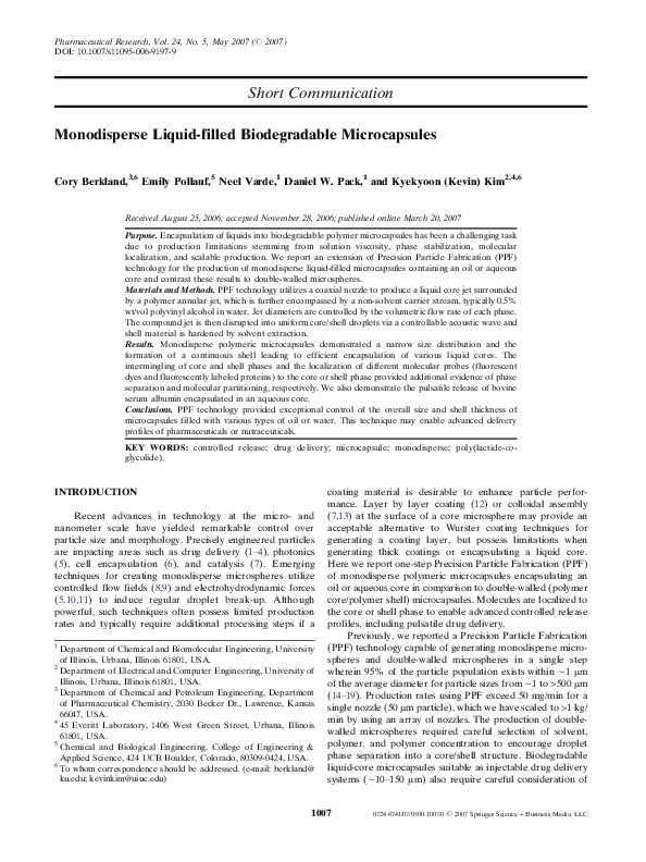 (PDF) Monodisperse Liquid-filled Biodegradable Microcapsules
