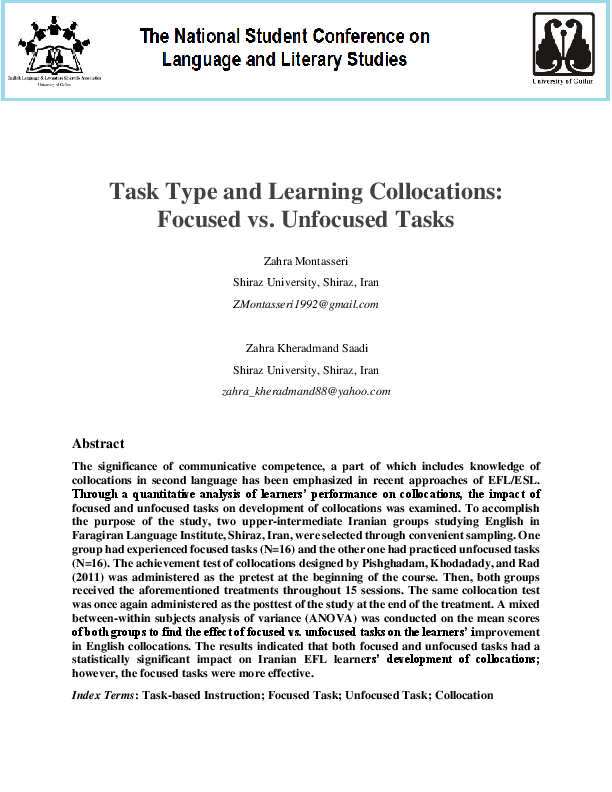 (PDF) Task Type and Learning Collocations: Focused vs. Unfocused Tasks