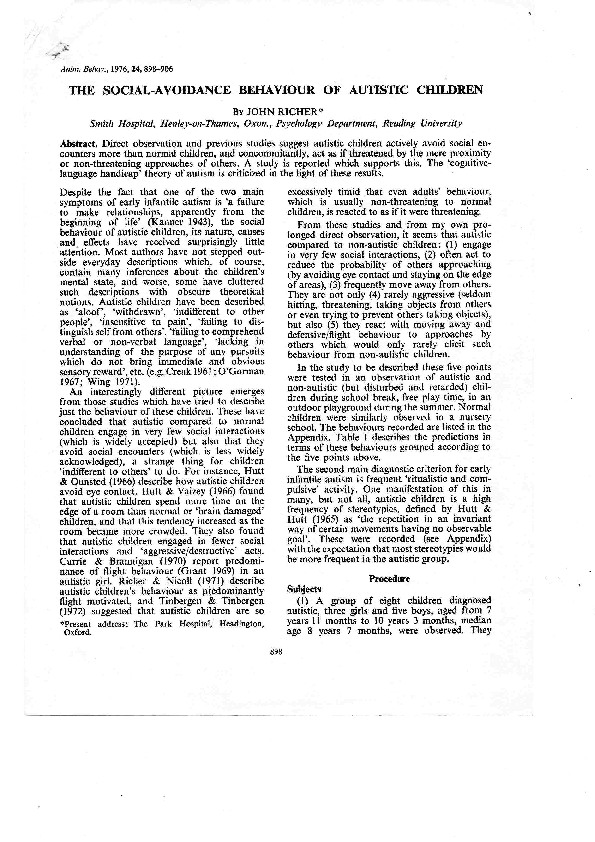 (PDF) The social-avoidance behaviour of autistic children