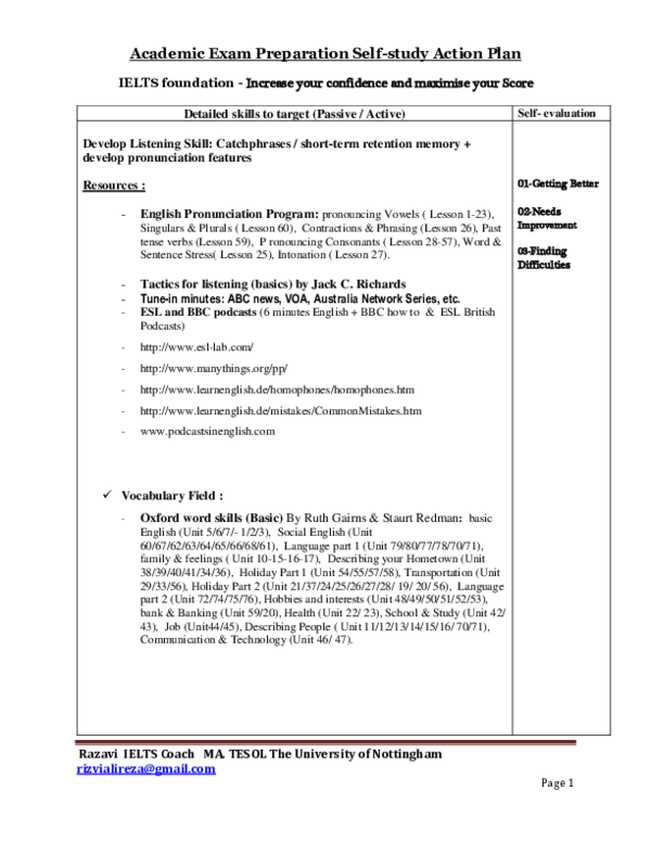 (PDF) IELTS foundation Self-study Action Plan
