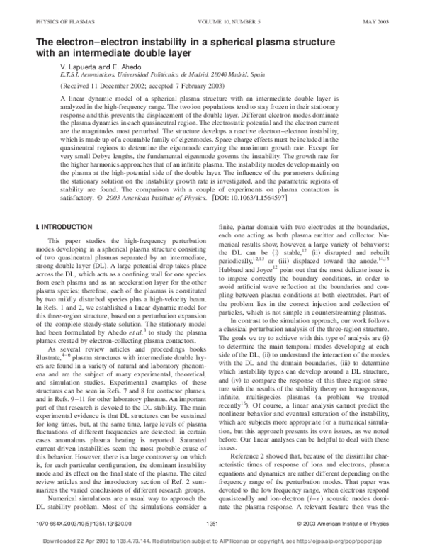 (PDF) The electron-electron instability in a spherical plasma structure ...