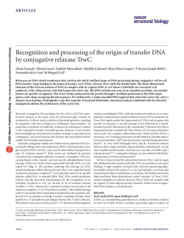 (PDF) Recognition and processing of the origin of transfer DNA by ...