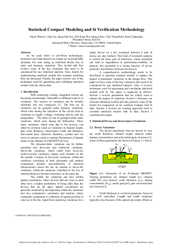 (PDF) Statistical Compact Modeling and Si Verification Methodology
