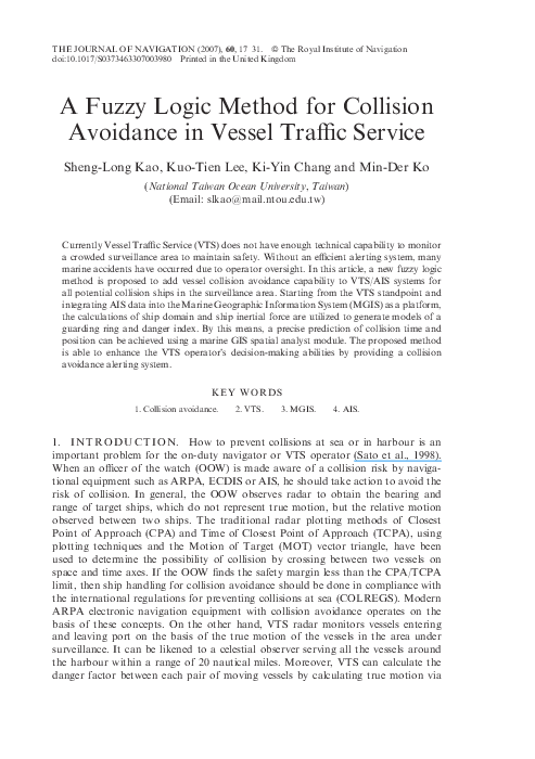 (PDF) A Fuzzy Logic Method for Collision Avoidance in Vessel Traffic Service