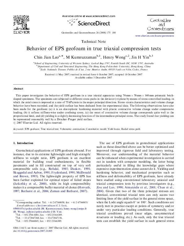 (PDF) Behavior of EPS geofoam in true triaxial compression tests