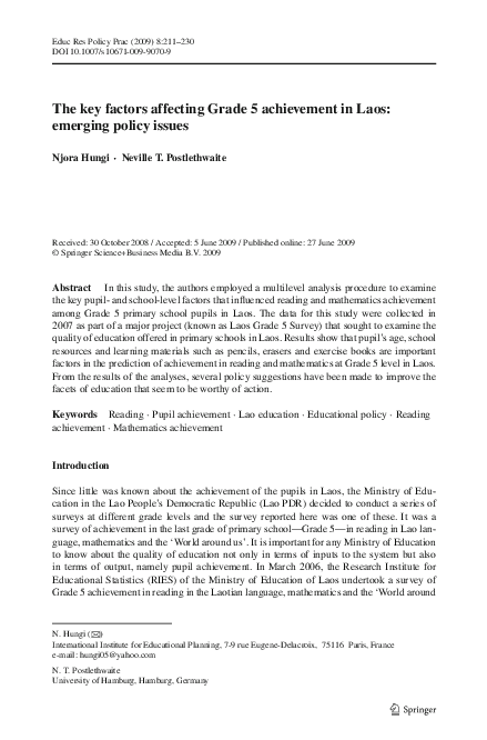 (PDF) The key factors affecting Grade 5 achievement in Laos: emerging ...