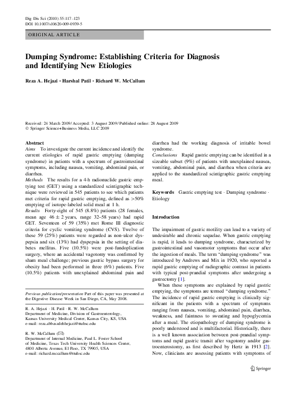 (PDF) Dumping Syndrome: Establishing Criteria for Diagnosis and ...