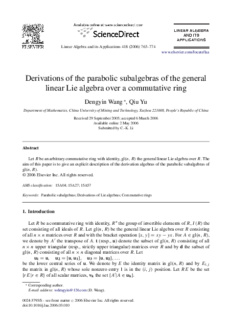 (PDF) Derivations of the parabolic subalgebras of the general linear ...