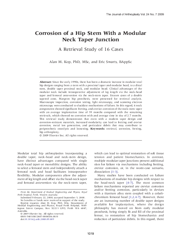 (PDF) Corrosion of a Hip Stem With a Modular Neck Taper Junction