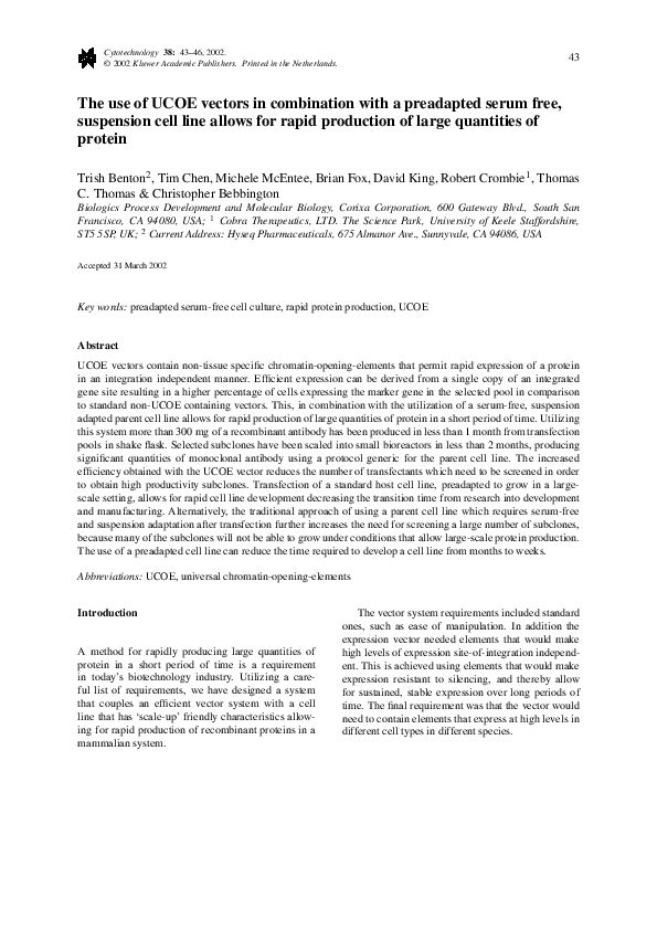 (PDF) The use of UCOE vectors in combination with a preadapted serum ...