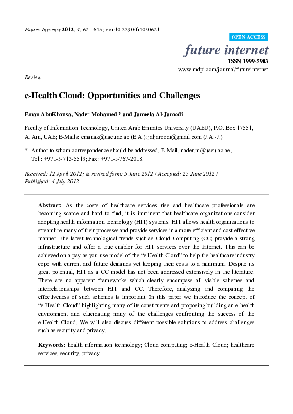 (PDF) e-Health Cloud: Opportunities and Challenges