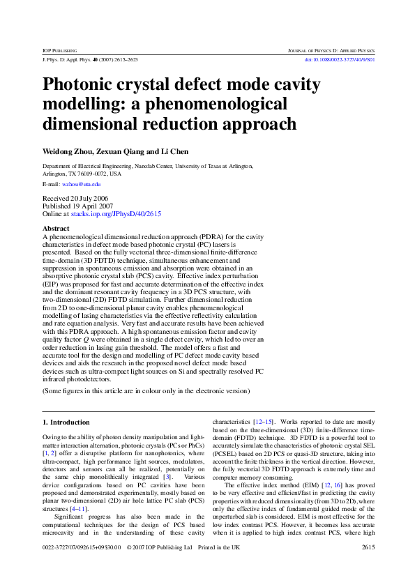 (PDF) Photonic crystal defect mode cavity modelling: a phenomenological dimensional reduction ...
