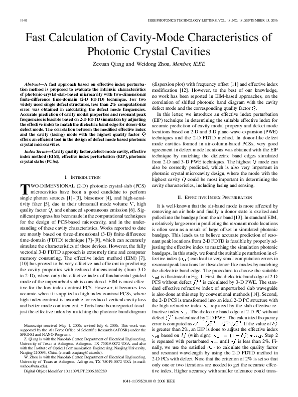 (PDF) Fast Calculation of Cavity-Mode Characteristics of Photonic Crystal Cavities