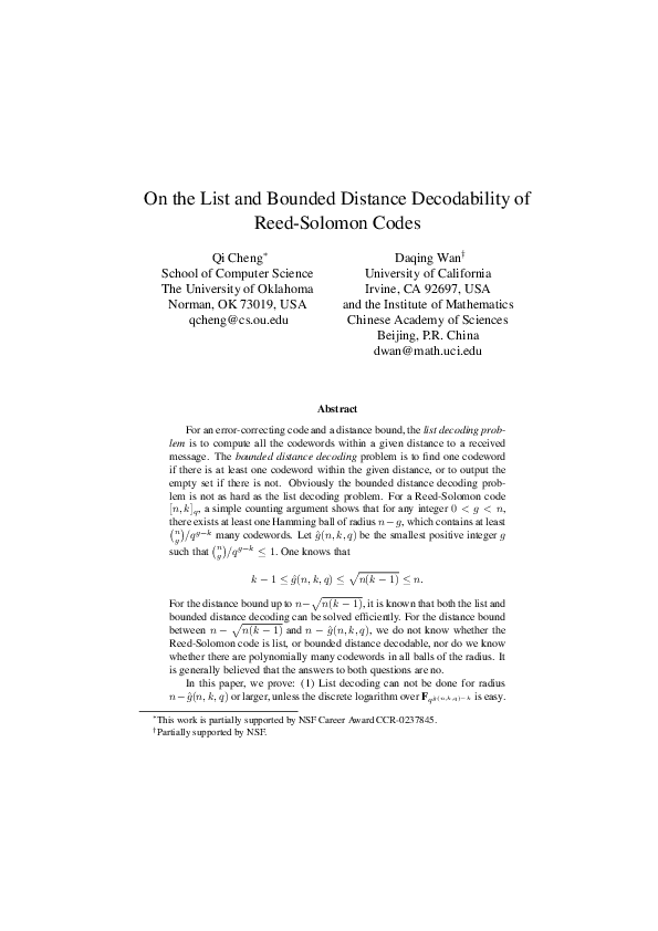 (PDF) On the list and bounded distance decodibility of Reed-Solomon codes