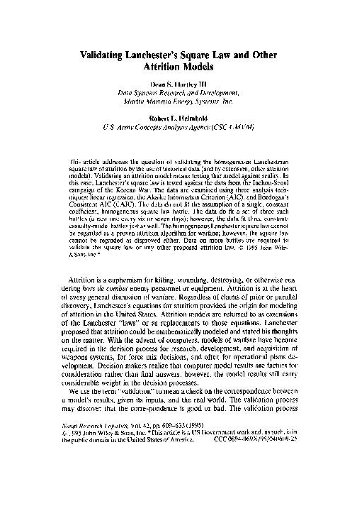 (PDF) Validating Lanchester's square law and other attrition models