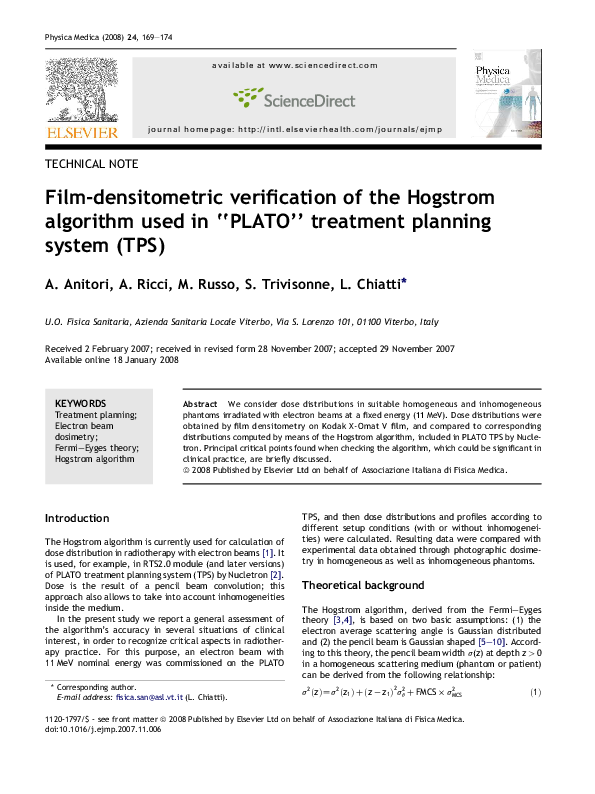 (PDF) Film-densitometric verification of the Hogstrom algorithm used in ... (PDF) Film-densitometric verification of the Hogstrom algorithm used in ...