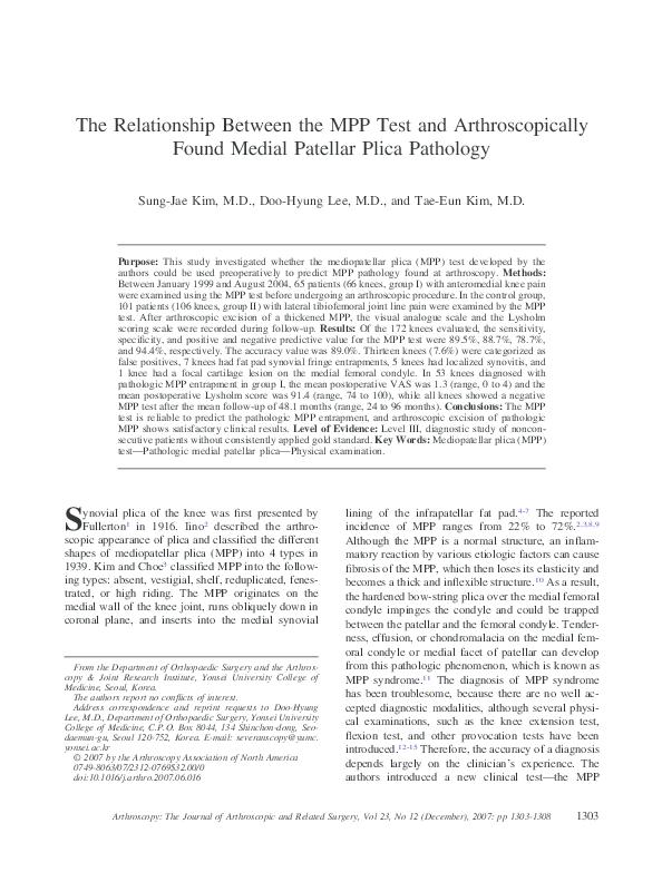 (PDF) The Relationship Between the MPP Test and Arthroscopically Found ...
