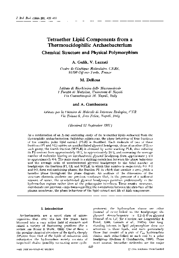 (PDF) Tetraether lipid components from a thermoacidophilic archaebacterium