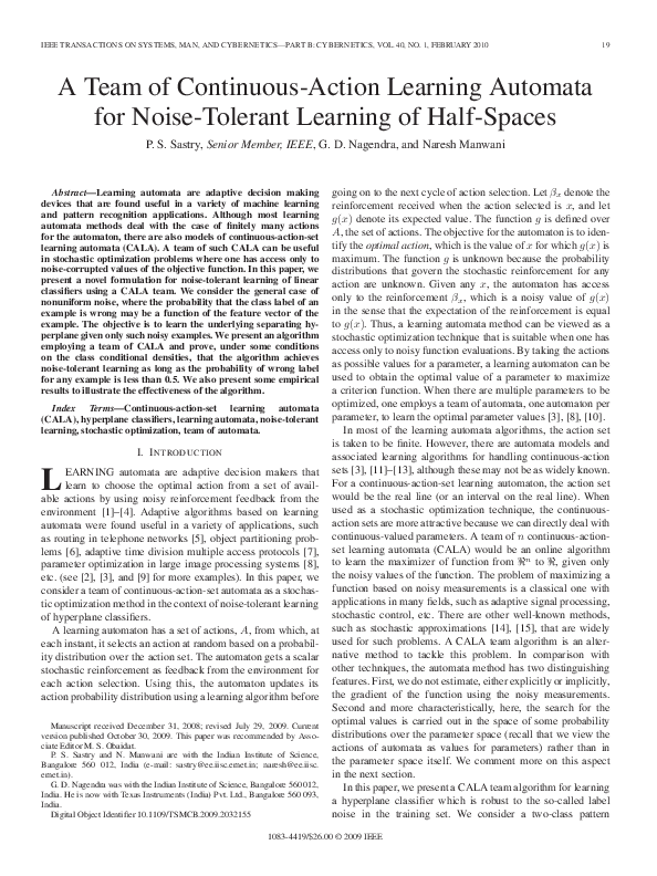 Pdf A Team Of Continuous Action Learning Automata For Noise Tolerant Learning Of Half Spaces